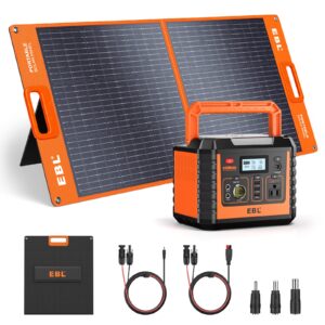 ebl portable power station voyager 300wh backup lithium battery(peak 600w), 110v/330w pure sine wave ac outlet for outdoor camping, home emergency with 100w portable solar panel