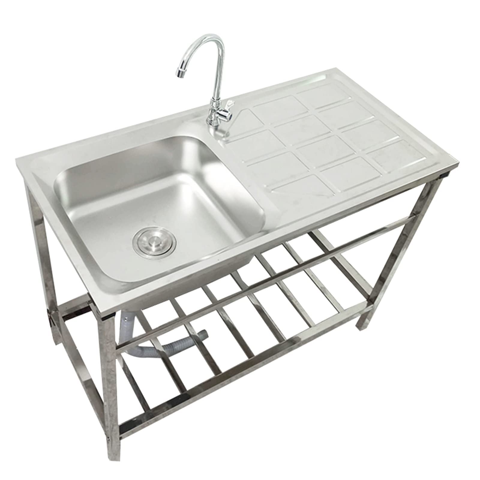 Stainless Steel Utility Sink, Single Bowl Commercial Kitchen Sink With Drainer Shelves, Restaurant Stand Sink For Garage, Laundry Room - Washing Hand Basin W/Workbench