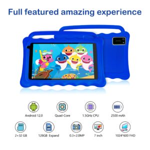 BYYBUO Kids Tablet, 7 Inch Android 12.0 GO Tablet for Kids, 2GB+32GB ROM, HD Eye Protection Screen Toddler Tablets with Shockproof Case, Parental Control,The Best Gift for Children(7 Colors)