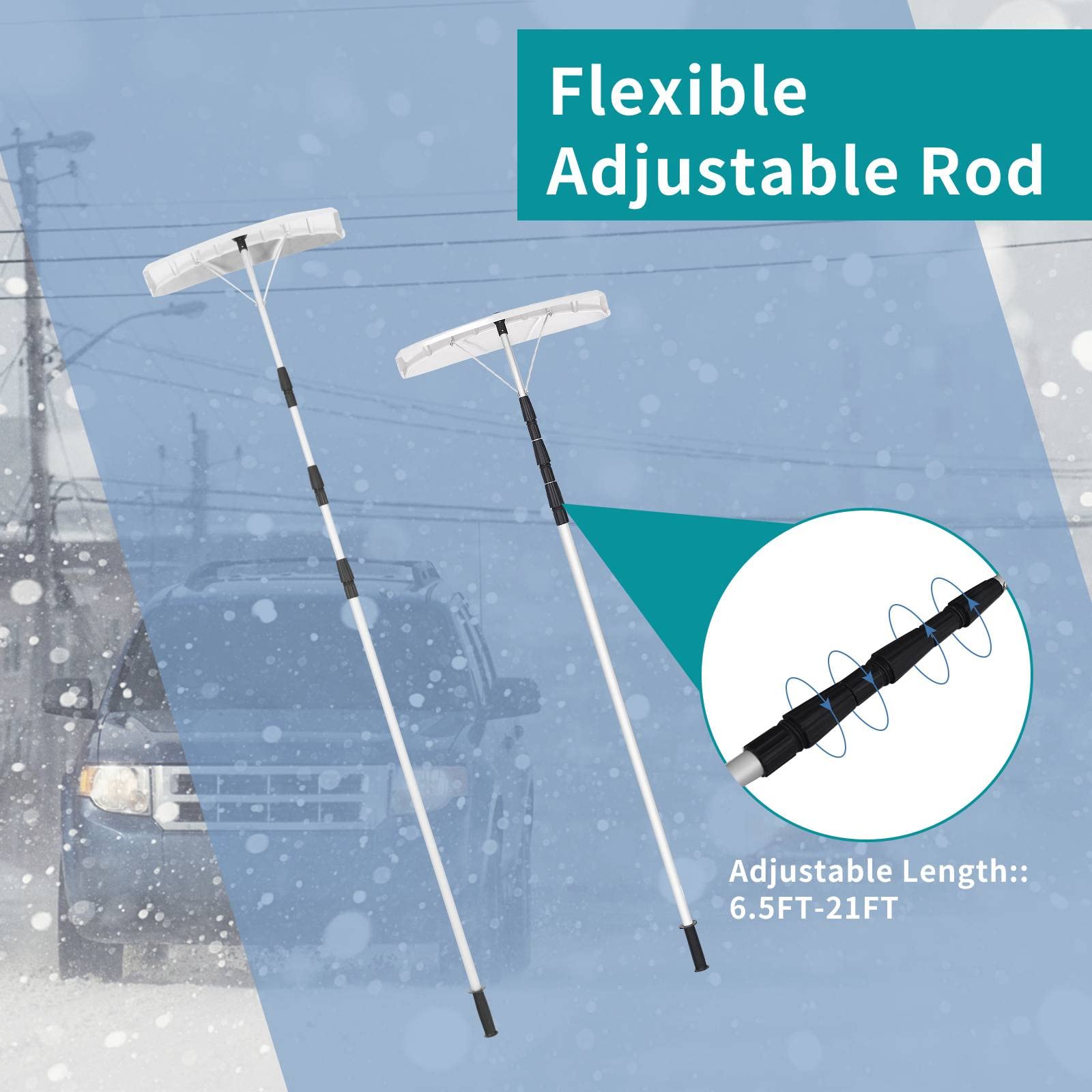 IRONMAX Telescoping Snow Roof Rake, 21FT Lightweight Aluminum Snow Removal Tool with 25 Inch Blade and Extendable Pole, Roof Rakes for Snow, Leaves and Debris Removal