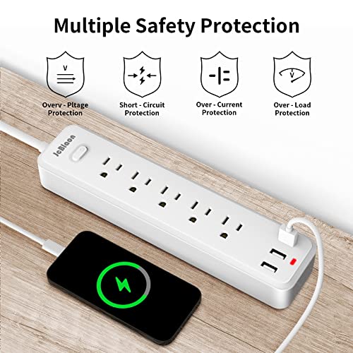 Surge Protector Power Strip 6 Feet, JcBlaon Flat Plug Extension Cord with 3 USB Ports and Outlets, Wall Mount Outlet Extender for Office/Dorm Essentials/Home, White, 1700 Joules