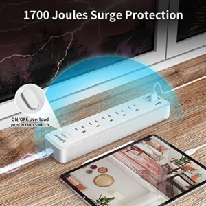 Surge Protector Power Strip 6 Feet, JcBlaon Flat Plug Extension Cord with 3 USB Ports and Outlets, Wall Mount Outlet Extender for Office/Dorm Essentials/Home, White, 1700 Joules