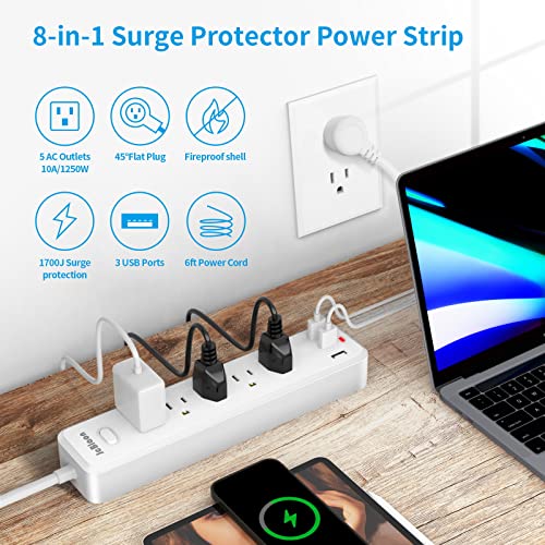 Surge Protector Power Strip 6 Feet, JcBlaon Flat Plug Extension Cord with 3 USB Ports and Outlets, Wall Mount Outlet Extender for Office/Dorm Essentials/Home, White, 1700 Joules