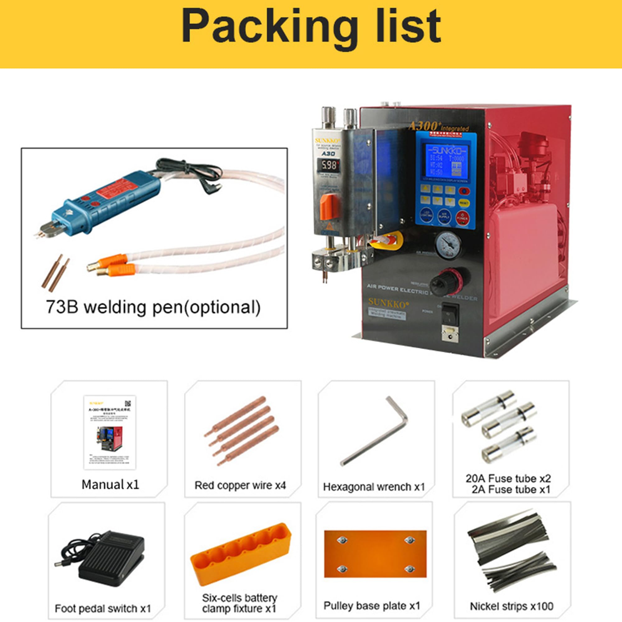 SUNKKO A300+ Pneumatic Battery Spot Welder with Built-in Air Compressor, 6KW 1200A Transformer Pulse Spot Welding Machine for 18650, 14500 Lithium Battery Pack Quick Building