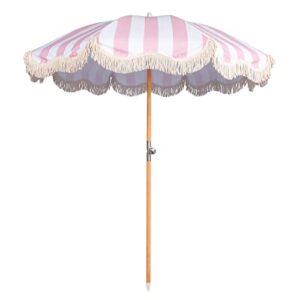 funsite 6.5ft boho beach umbrella with fringe, upf 50+ tassel umbrellas with carry bag, premium wood pole foldable patio umbrella for outdoor holiday garden lawn pool yard table, pink stripe