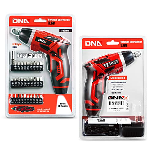 ‎DNA MOTORING TOOLS-00237 Rechargeable 3.6V Cordless Electric Screwdriver Tool Kit with LED Worklight, Red