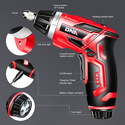 ‎DNA MOTORING TOOLS-00237 Rechargeable 3.6V Cordless Electric Screwdriver Tool Kit with LED Worklight, Red