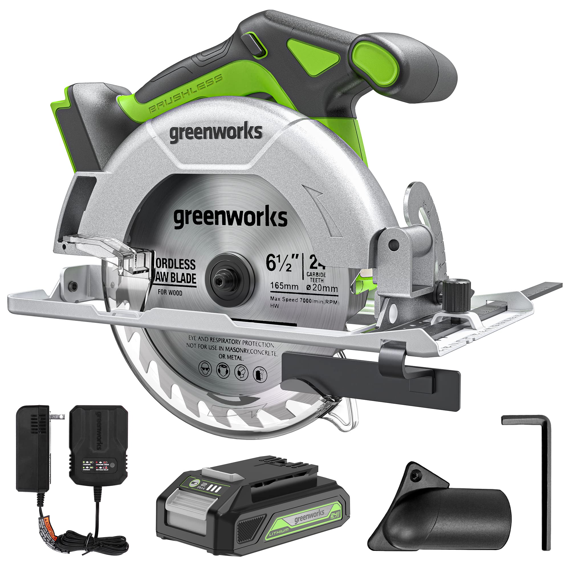 Greenworks 24V Brushless 6-1/2" Circular Saw Kit, 4,800 RPM, Adjustable Cutting Depth 45°/90°, With 24V 2Ah Battery and Charger