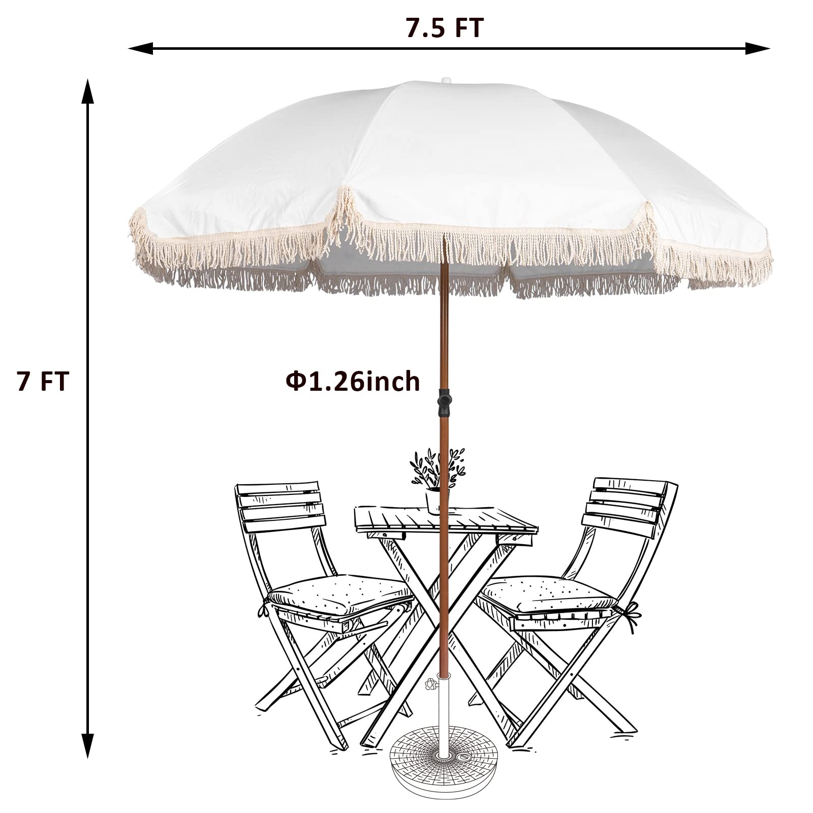 Funsite 7.5Ft Patio Beach Umbrella with Fringe, Tassel Umbrella UPF50+ with Push Botton Tilt & Crank, Holiday Outdoor Umbrella with Carry Bag Ideal for Garden, Lawn, Deck, Yard&Pool, White