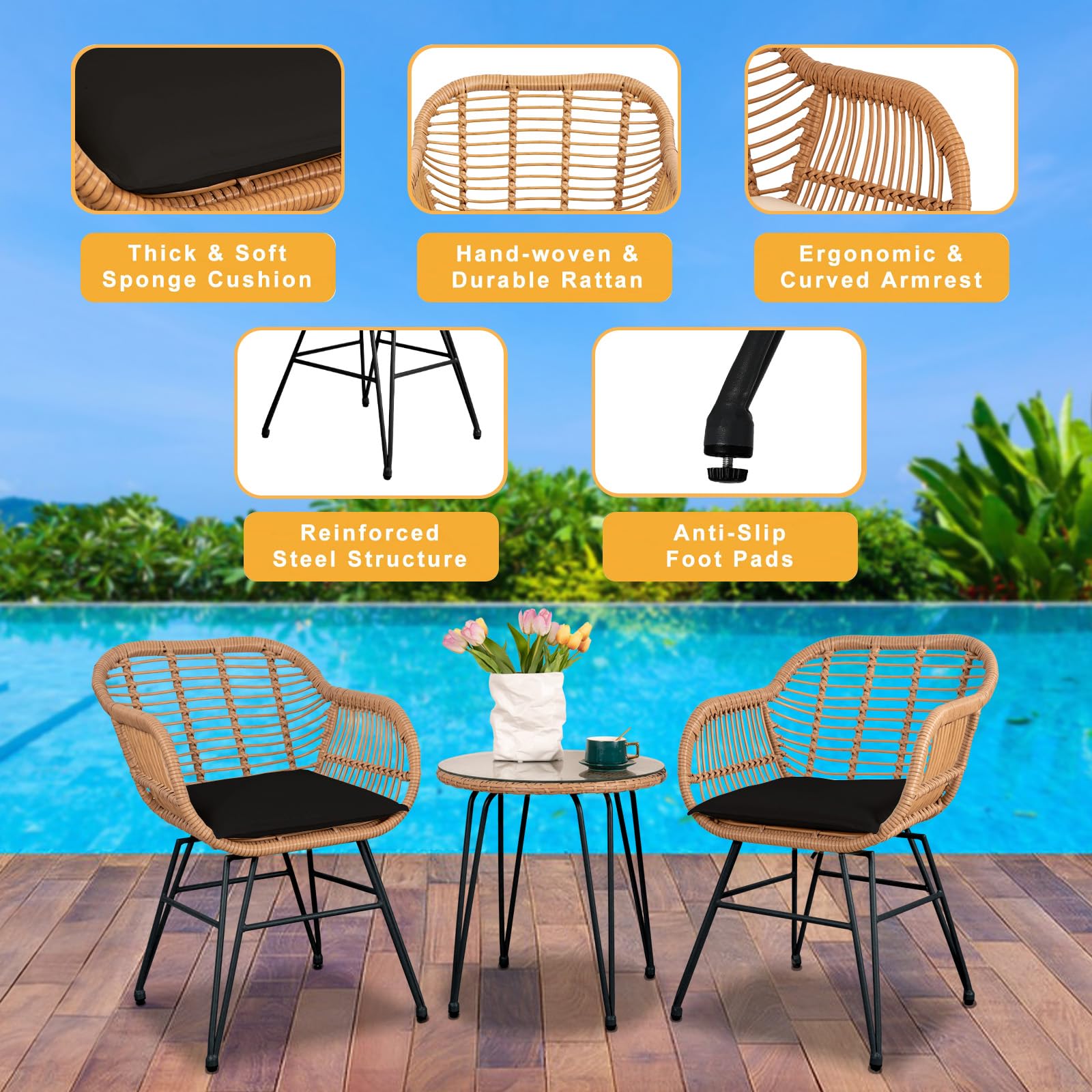 Leasbar 3 Piece Outdoor Wicker Bistro Furniture Set, Patio Chairs and Table Set with Cushions, Front Porch Furniture Rattan Conversation Set for Poolside Garden Backyard, Yellow/Black