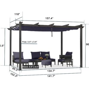 PURPLE LEAF 10’ x 13’ Patio Retractable Pergola with Double Sun Shade Canopy Outdoor Grill Gazebo for Deck Backyard Garden Modern Aluminum Pergola, Navy Blue