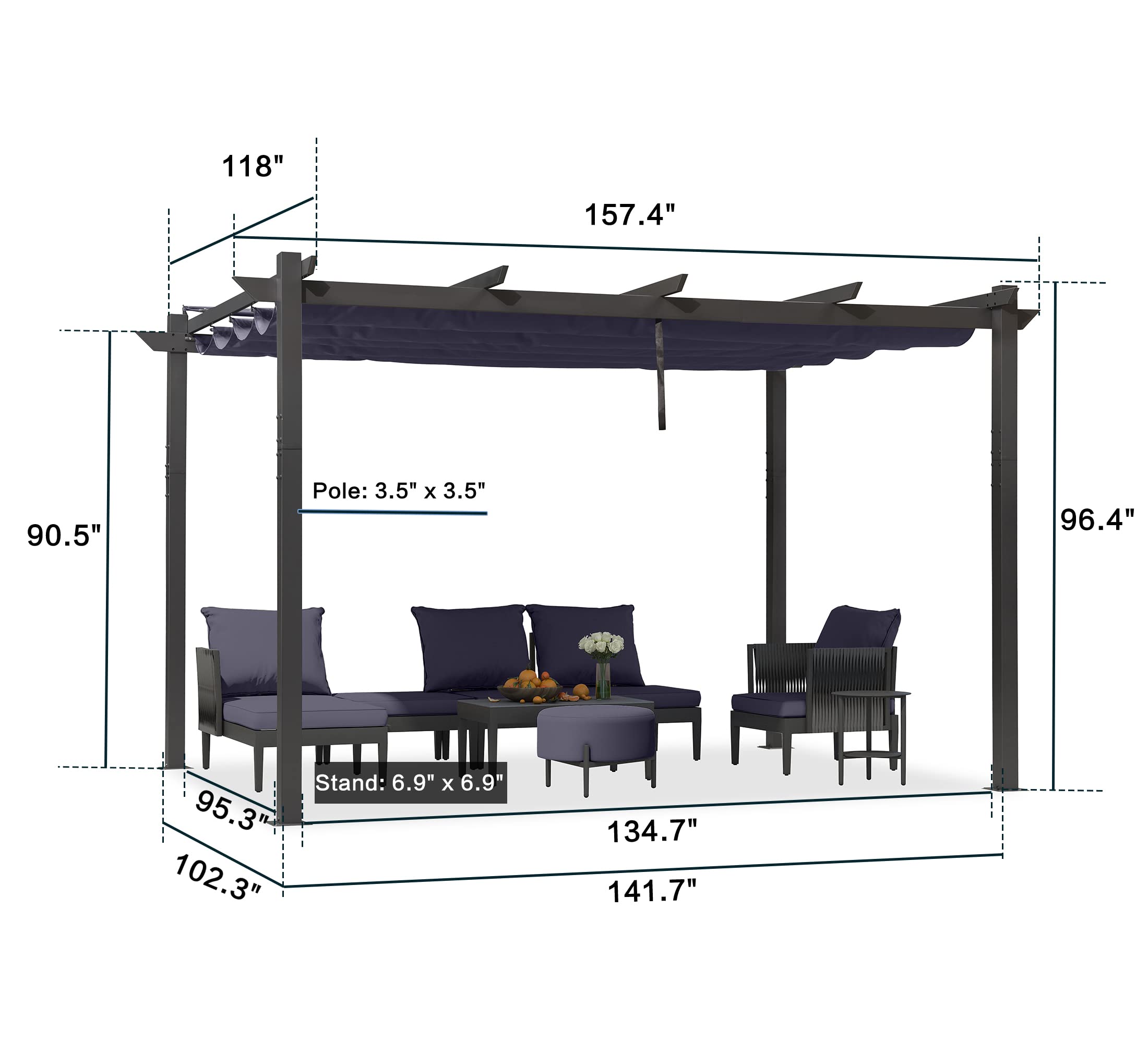 PURPLE LEAF 10’ x 13’ Patio Retractable Pergola with Double Sun Shade Canopy Outdoor Grill Gazebo for Deck Backyard Garden Modern Aluminum Pergola, Navy Blue