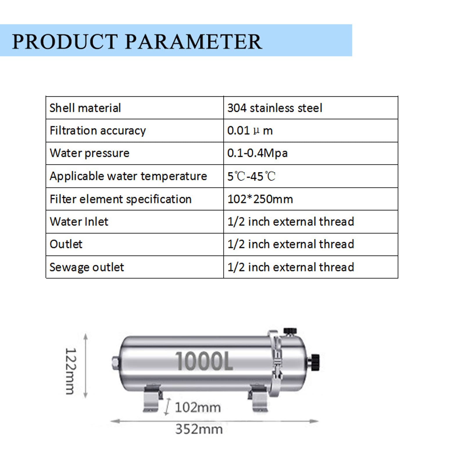 LGXEnzhuo 304 Stainless Steel Ultra-Filtration Membrane Filter External Pressure Water Purifier Filter PVDF Ultra-Filtration Membrane 1000L