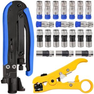 taiss coax cable crimper tool kit with 20 pcs f style rg59 rg6 compression connectors,coaxial cable stripper,coaxial cable compression tool kit,adjustable rg59 rg6 rg7 rg11 coaxial cable crimper