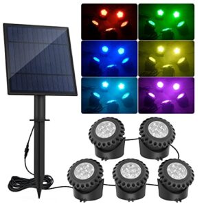 t-sun solar pond light, super bright led underwater color changing solar lights rgb submersible fountain lights ip68 waterproof fish tank light for aquarium garden pool fountain pond 5 in 1