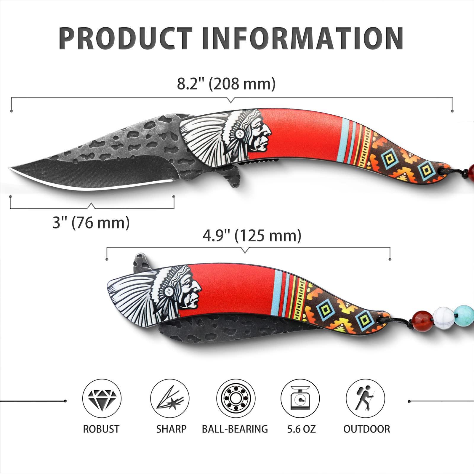 VALHALLA Pocket Folding Knife, Vintage Art Native American Outdoor Folding Knife,Survival Knife With 3D Retro Embossed Pattern, Cool EDC Pocket Knife, Gift For Men