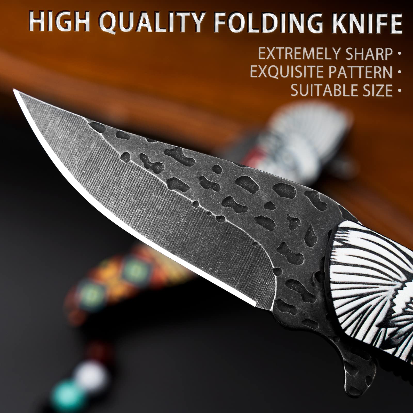 VALHALLA Pocket Folding Knife, Vintage Art Native American Outdoor Folding Knife,Survival Knife With 3D Retro Embossed Pattern, Cool EDC Pocket Knife, Gift For Men