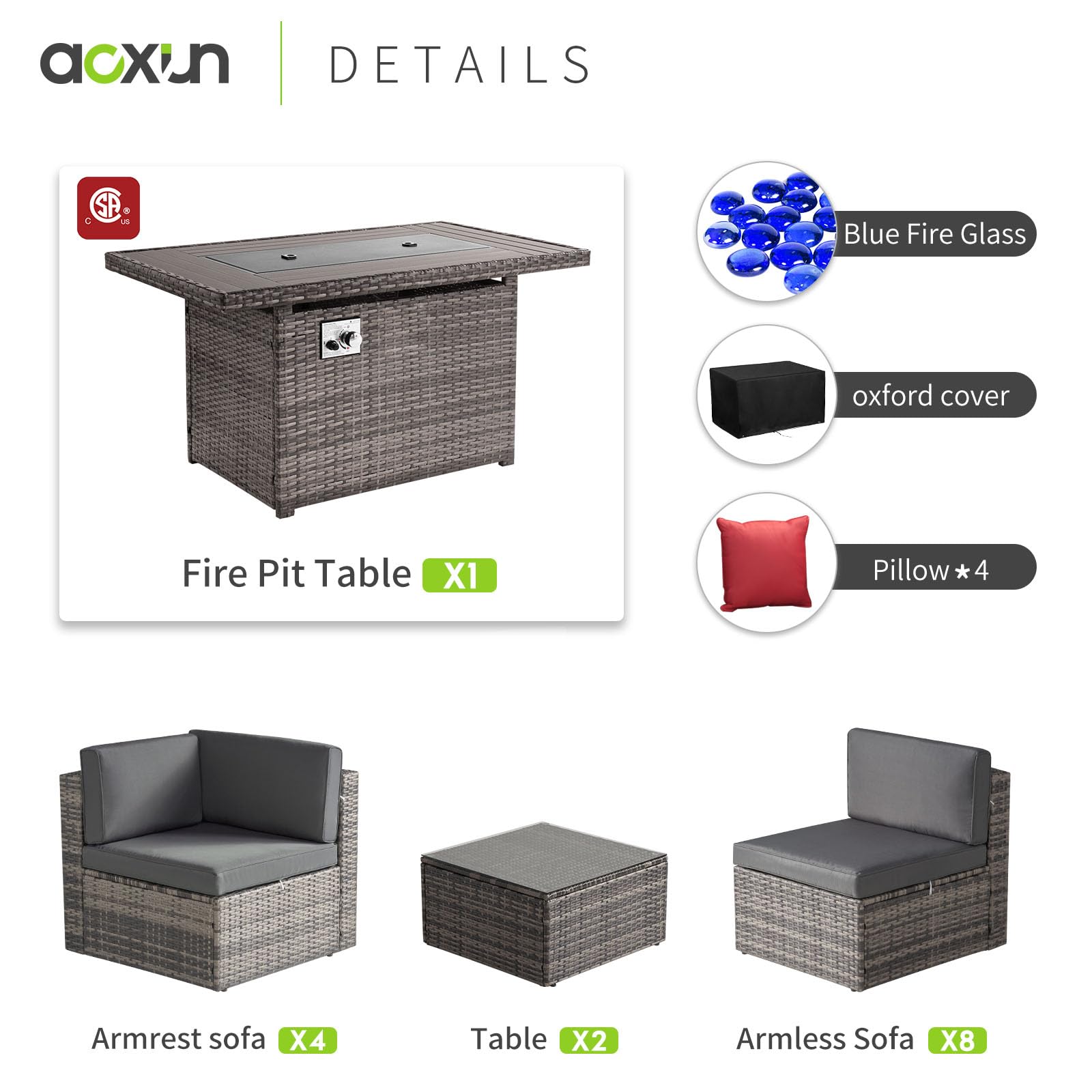 Aoxun 8PCS Patio Furniture Set with 40" Fire Pit Table Outdoor Sectional Sofa Set Wicker Furniture Set with Coffee Table (Grey Wicker)