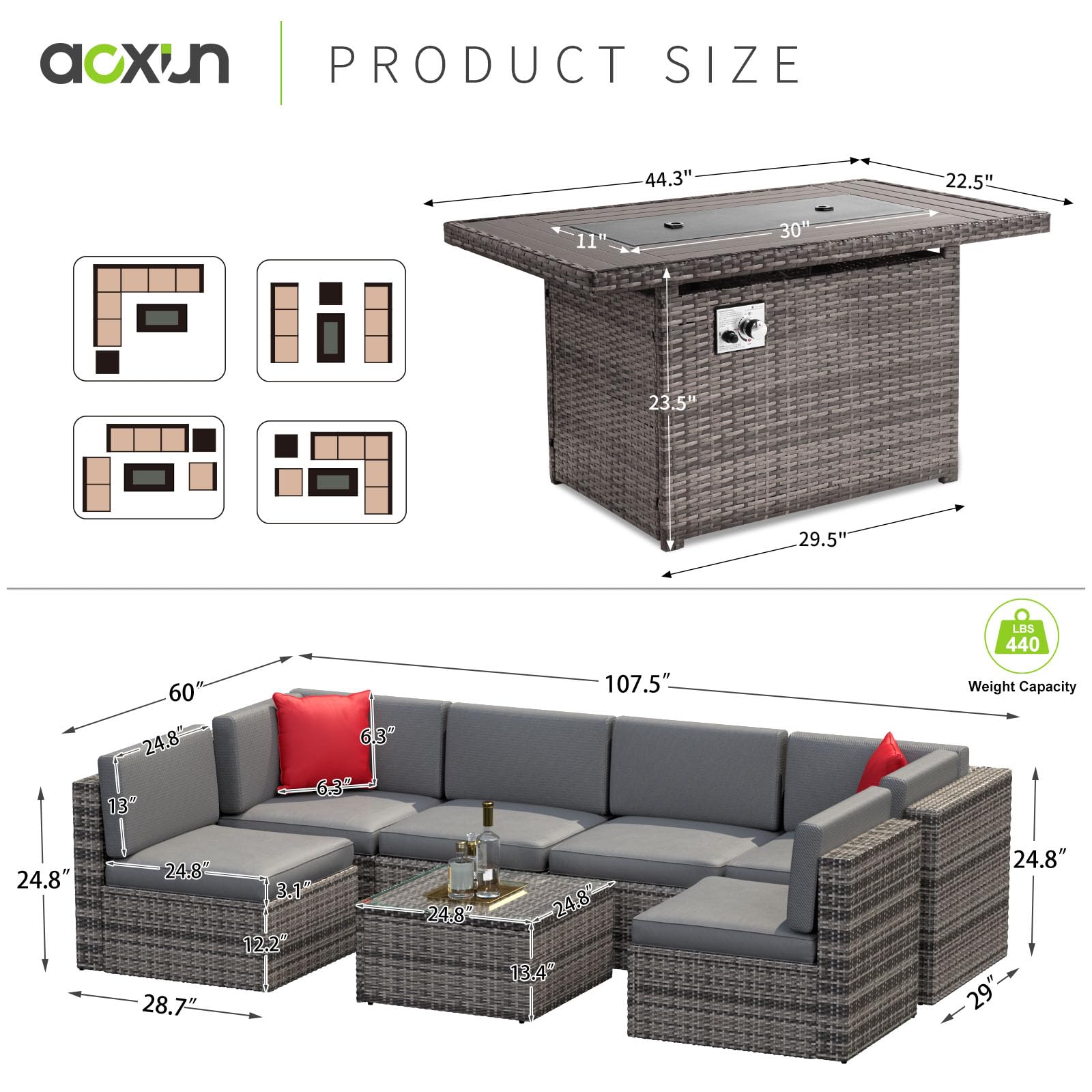 Aoxun 8PCS Patio Furniture Set with 40" Fire Pit Table Outdoor Sectional Sofa Set Wicker Furniture Set with Coffee Table (Grey Wicker)