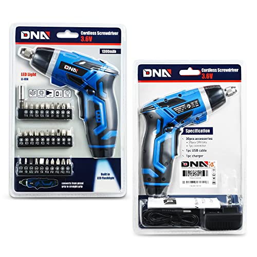 ‎DNA MOTORING TOOLS-00236 Rechargeable 3.6V Cordless Electric Screwdriver Tool Kit with LED Worklight, Blue