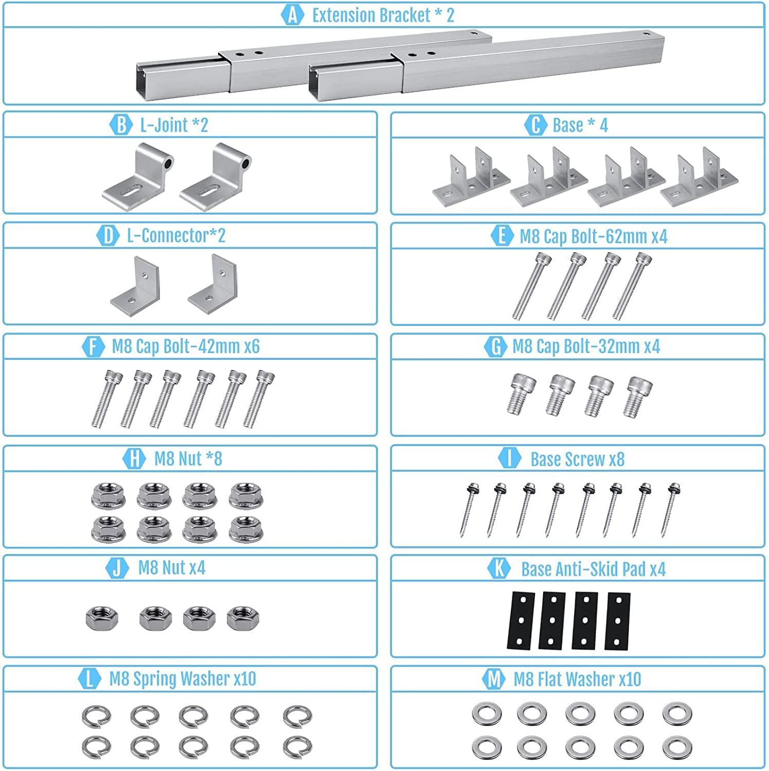 Solar Panel Mounting Brackets - Adjustable Solar Panel Tilt Mount Stand Bracket Support 50W 100W 150W 200W 300W 400W Solar Panels for RV, Roof, Boat, Shed, Off-Grid Systems and Any Flat Surface