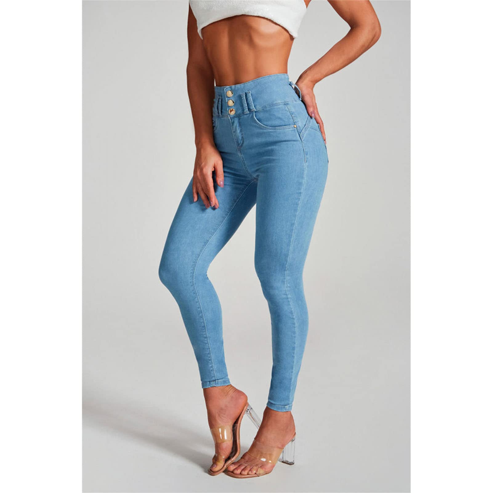 Butt Lifting Jeans for Women 3 Buttons High Waist Slimming Skinny Jean Classic Stretch Slim Fit Denim Pants (Blue,Medium)