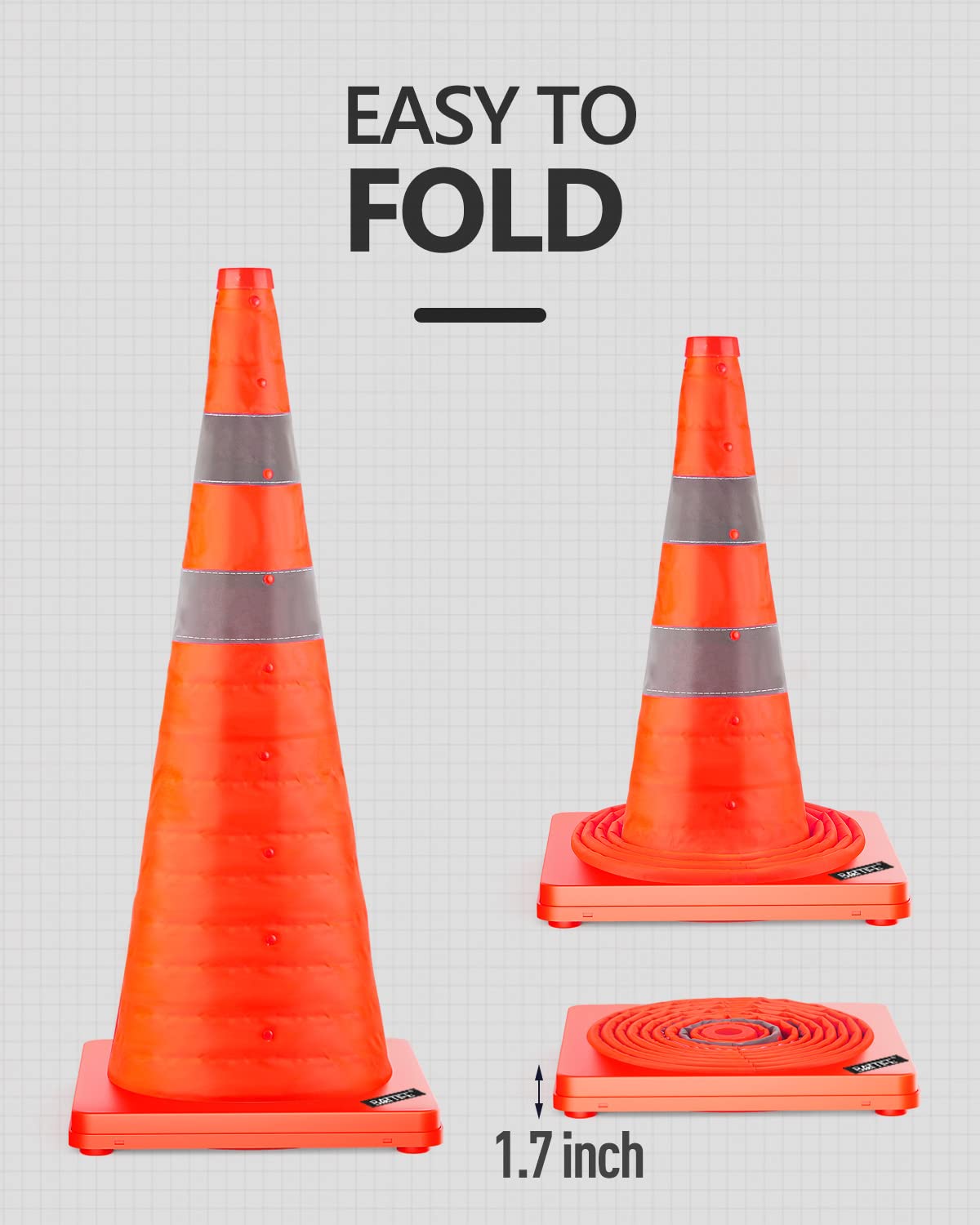 [4 Pack] BATTIFE 28 inch Collapsible Traffic Cones, Multi Purpose Orange Safety Cones with Reflective Collar, for Driving Practice and Road Parking