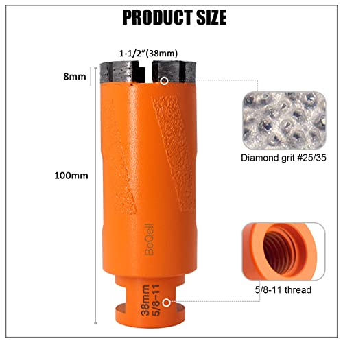 BeQell Diamond Core Drill Bit, 1 1/2 Inch Laser Welded 5/8-11 Thread Dry Granite Hole Saw for Marble Solid Block Stone Reinforced Concrete Quartz Countertop Hole Drilling(38mm)