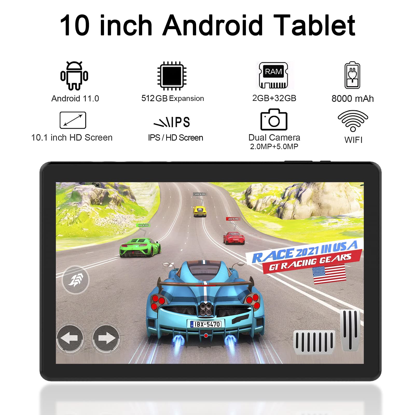 Relndoo Android Tablet 10 inch, Android 11 Tablet 2GB RAM 32GB ROM 512GB Expand, Tablet Android with 8000mAh Battery, WiFi, GPS, Bluetooth, Dual Camera, GMS Certified