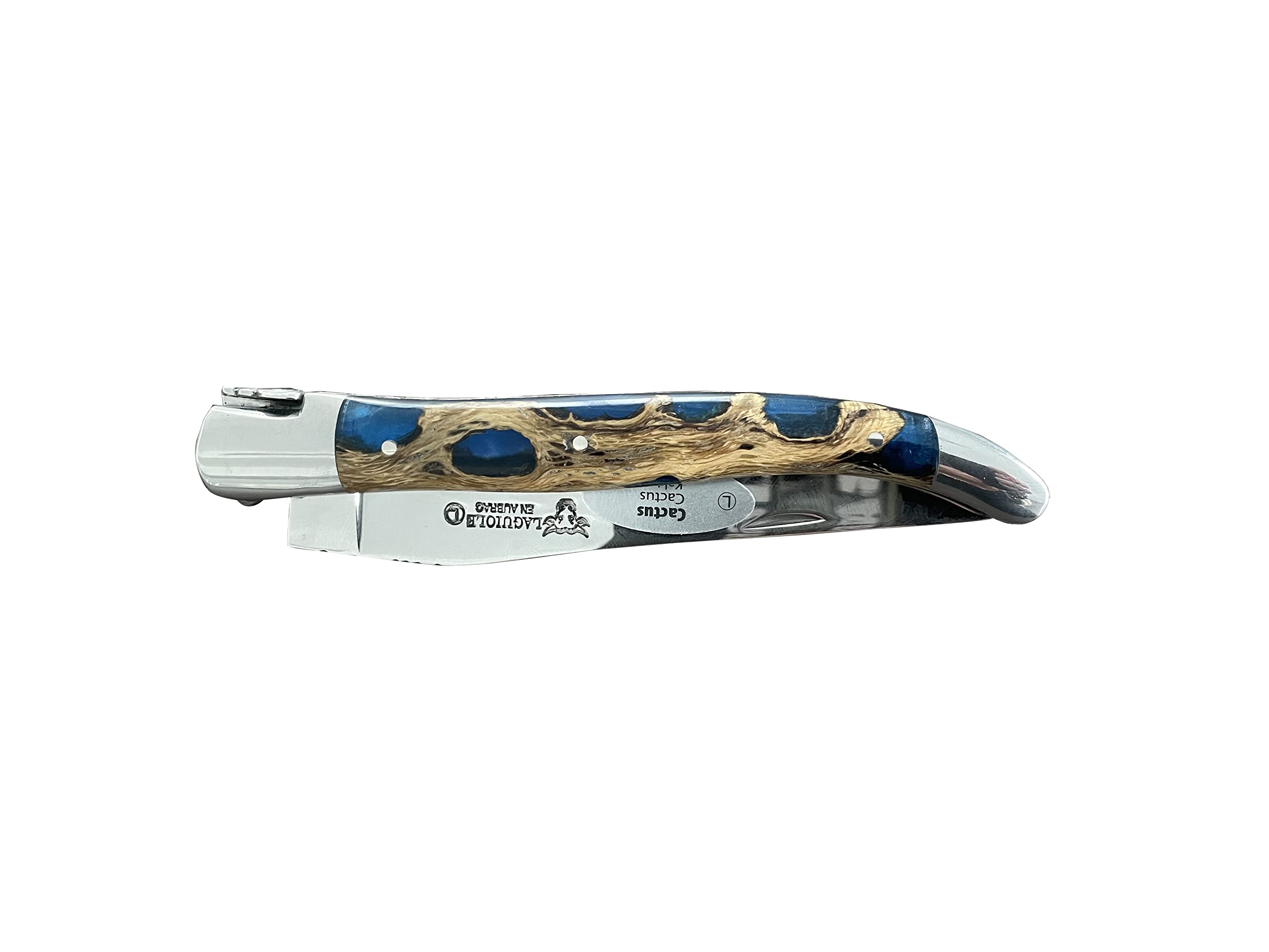 Laguiole en Aubrac Handmade Double Plates Folding Pocket Knife, 4.8-in (12cm), Cactus Blue Handle, Stainless Steel Shiny Bolsters