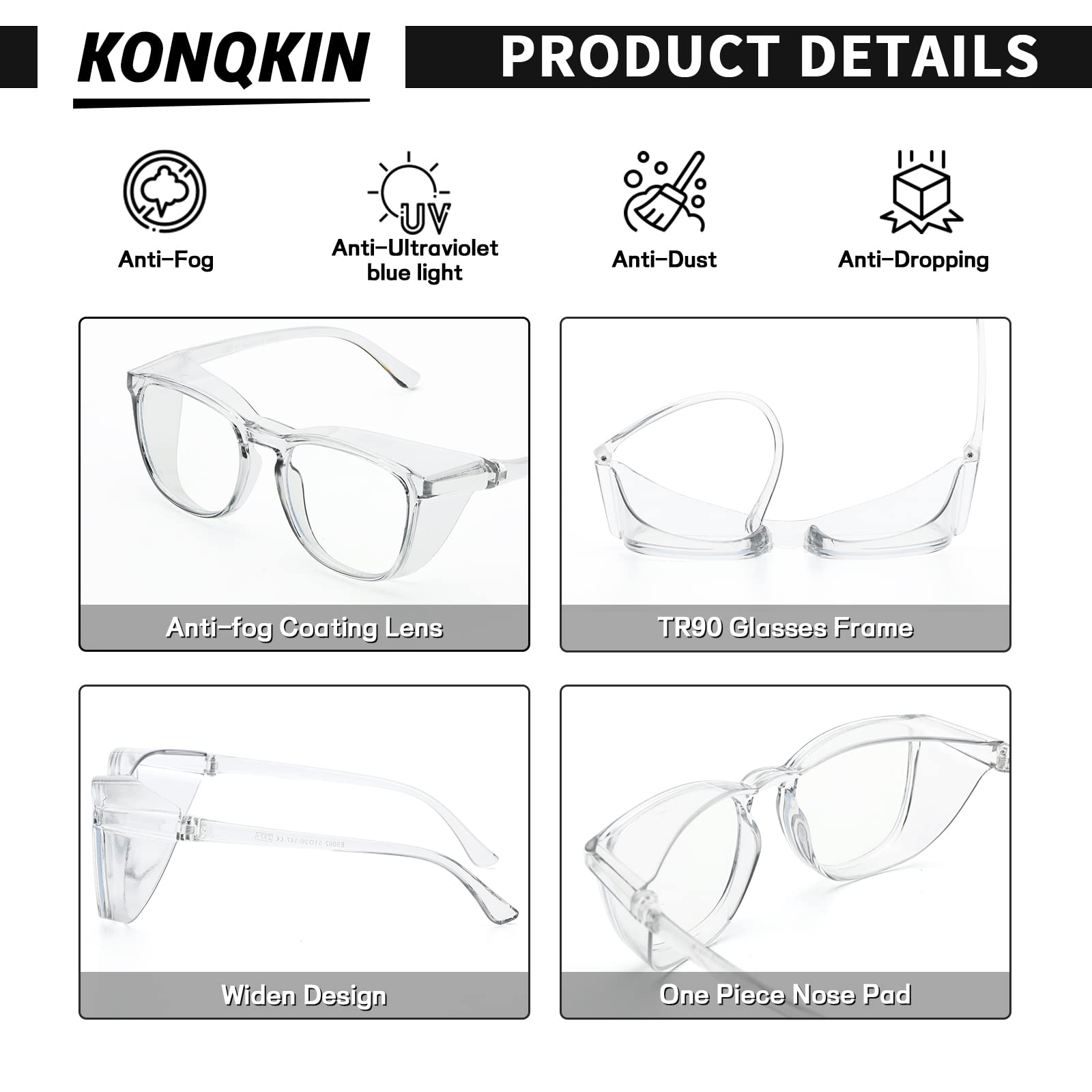 konqkin Safety glasses Goggles Nurses Protective Eyewear - Anti Fog Square Frame Stylish Clear Glasses for Women Men (gery clear douhua)