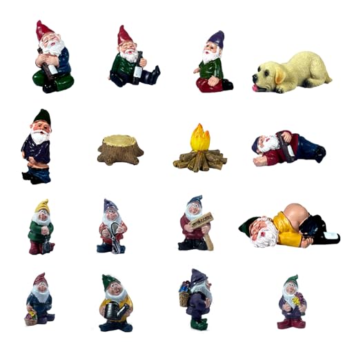 Wetufin - 16pcs Miniature Funny Garden Drunk Gnomes Mini Funny Creative Dwarf Garden Gnome Statues Decoration for Indoor Outdoor Yard Patio Bonsai Potted Plants Landscape Desk Decor, Gift for Kids