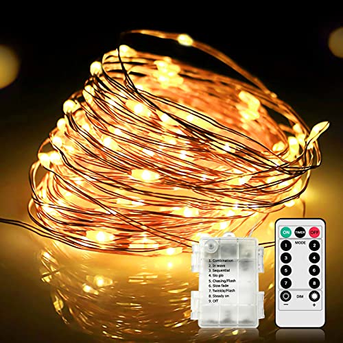 Fairy Lights Battery Operated, Copper String Lights 33ft 100 LED with 8 Modes Indoor Outdoor, Waterproof Twinkle Lights with Remote Control for Christmas,Bedroom,Patio,Wedding Party,Backyard