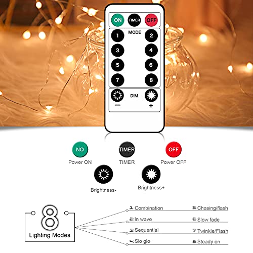 Fairy Lights Battery Operated, Copper String Lights 33ft 100 LED with 8 Modes Indoor Outdoor, Waterproof Twinkle Lights with Remote Control for Christmas,Bedroom,Patio,Wedding Party,Backyard