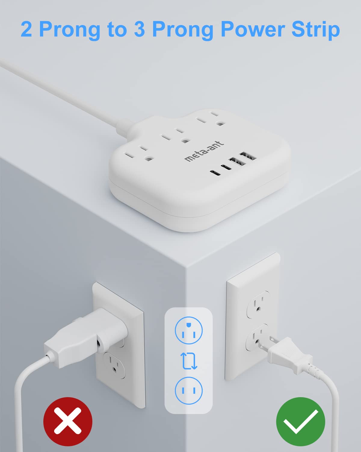 2 Prong to 3 Prong Outlet Adapter, Two Prong Power Strip with 3 Prong Outlets, 3 USB Ports, 5ft Extension Cord Three Prong, Polarized, for Old House, White