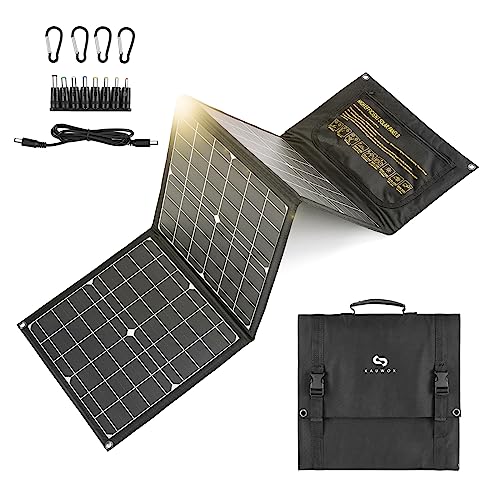 KAUWOX 60W Portable Solar Panel, 23% High Efficiency,USB QC 5V 3.0A&USB Type-C 5V 2.4A&DC 18V Power Output Interface ，IP65 Water & Dustproof Design for Phones, Tablets, Digital Cameras,Camping