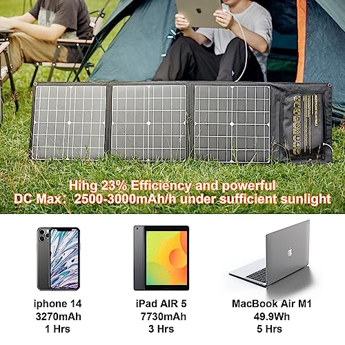 KAUWOX 60W Portable Solar Panel, 23% High Efficiency,USB QC 5V 3.0A&USB Type-C 5V 2.4A&DC 18V Power Output Interface ，IP65 Water & Dustproof Design for Phones, Tablets, Digital Cameras,Camping