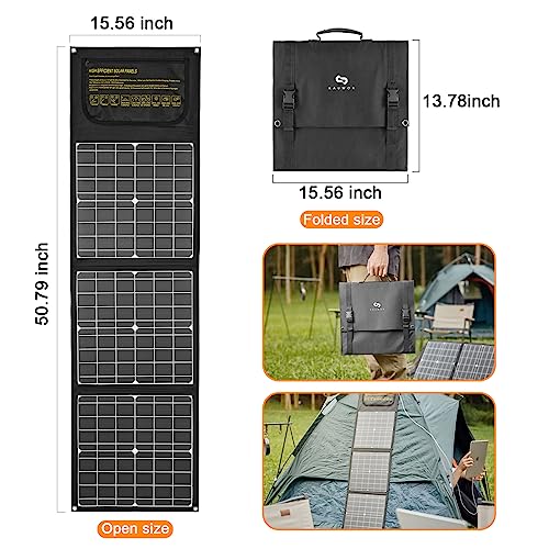 KAUWOX 60W Portable Solar Panel, 23% High Efficiency,USB QC 5V 3.0A&USB Type-C 5V 2.4A&DC 18V Power Output Interface ，IP65 Water & Dustproof Design for Phones, Tablets, Digital Cameras,Camping