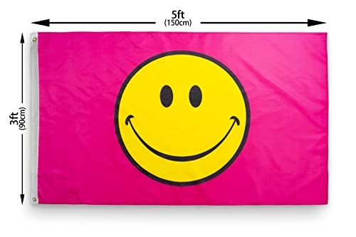 DANF 3x5 FT Pink Happy Face Flag Smile Flags Banner with Two Brass Grommets, Fade Resistant, Canvas Header Tapestry for Home Decor