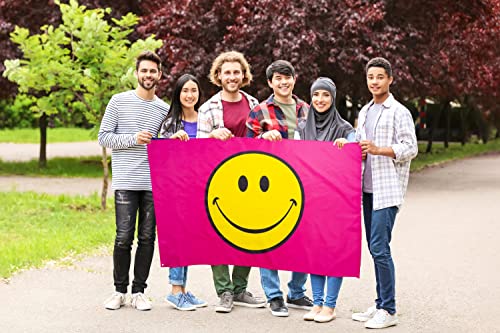 DANF 3x5 FT Pink Happy Face Flag Smile Flags Banner with Two Brass Grommets, Fade Resistant, Canvas Header Tapestry for Home Decor