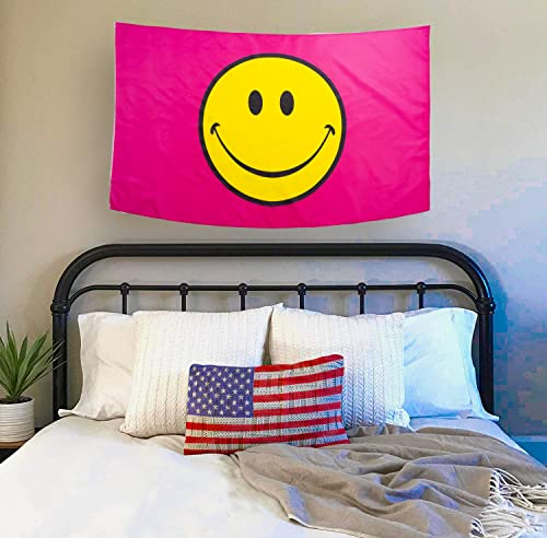 DANF 3x5 FT Pink Happy Face Flag Smile Flags Banner with Two Brass Grommets, Fade Resistant, Canvas Header Tapestry for Home Decor