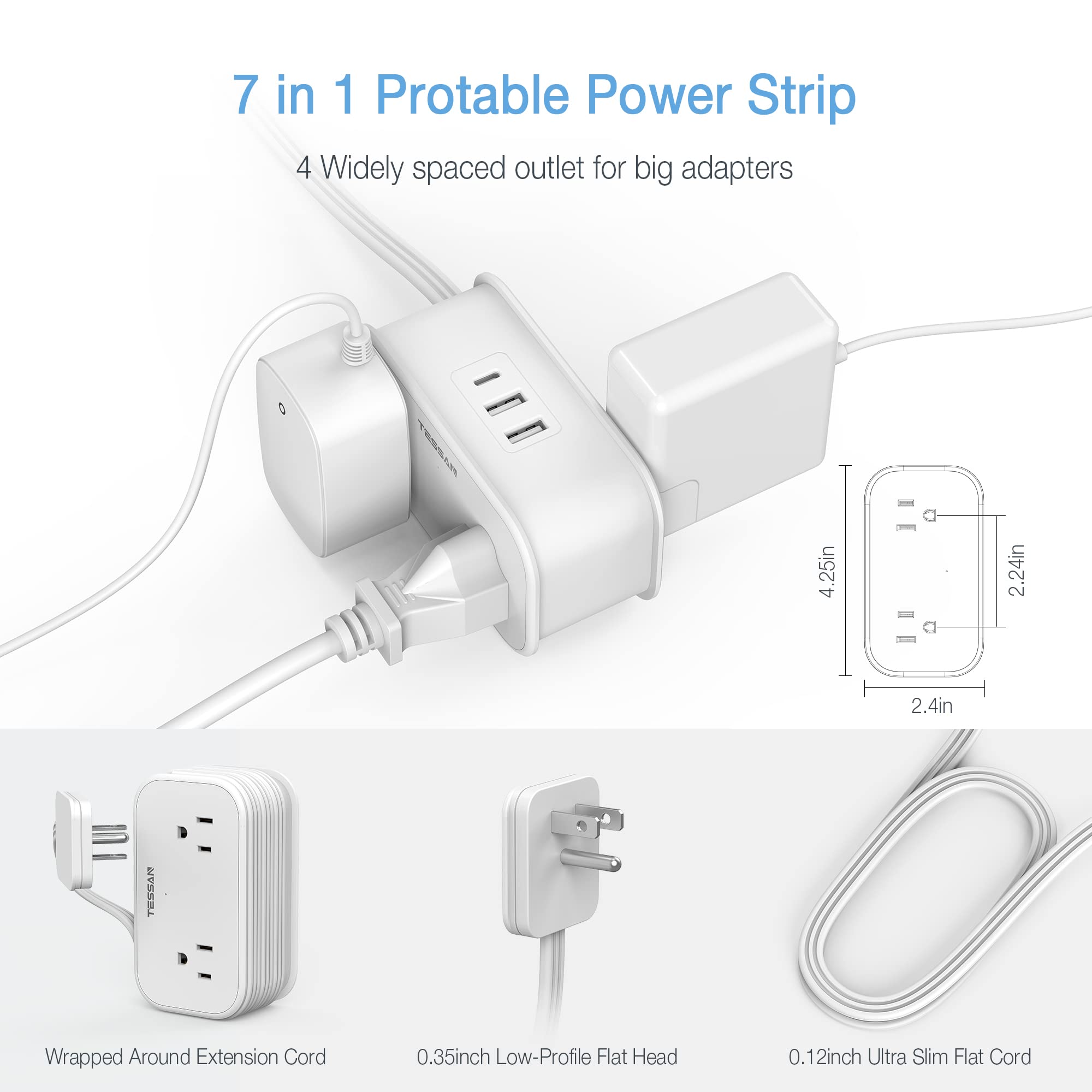 Travel Power Strip, TESSAN 3 ft Wrapped Flat Plug Extension Cord with 4 Wall Outlets 3 USB(1 USB C), Small Portable Charging Station, Compact for Home Office Hotel, Cruise Essentials Must Have