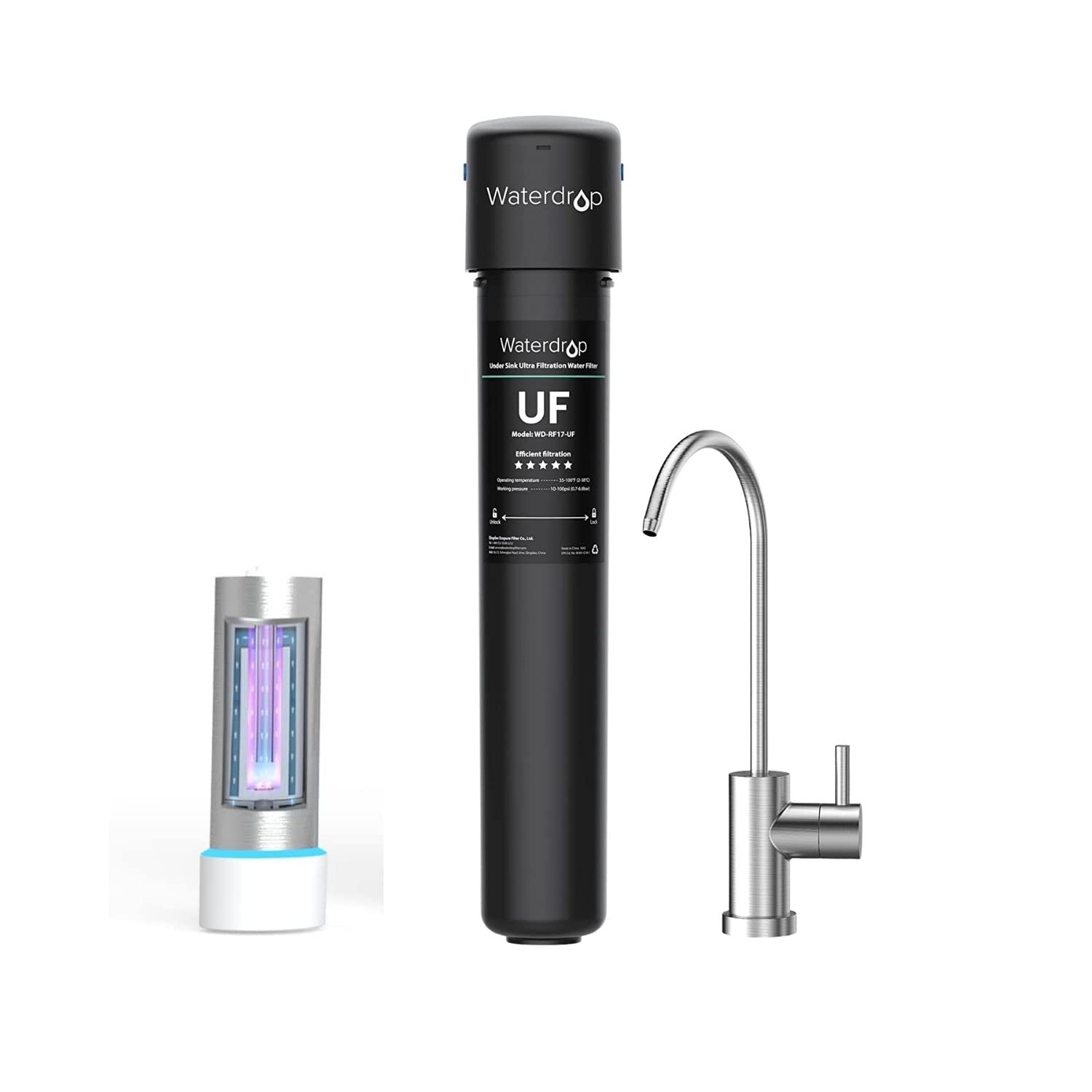 Waterdrop 17UB-UF 0.01 μm Ultra Filtration Under Sink Water Filter System and LED UV͎ Ultrąviolët Water Sterilizër Filter for Kitchen, Mercury-Free, FCC Certified, Stainless Steel, 50 Years Life Time