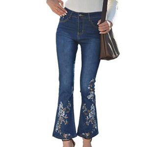 maiyifu-gj womens embroidered ankle flare jeans high waist slim fit bell bottom denim pants butt lifting skinny stretch jean (dark blue,medium)