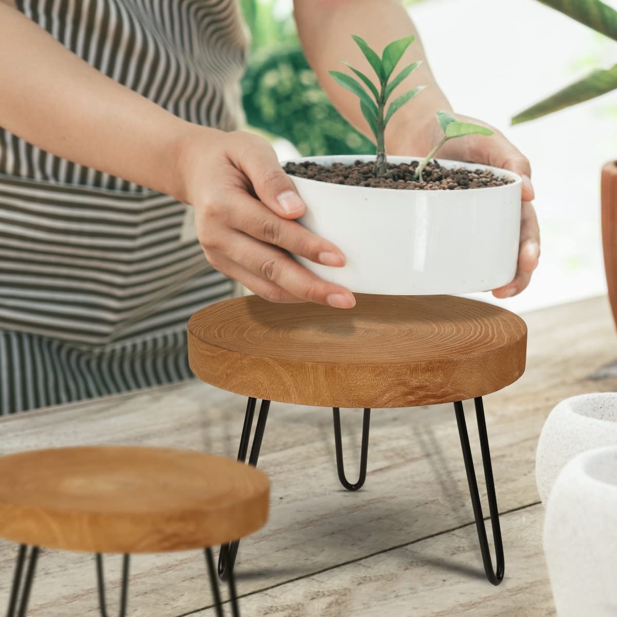 Plant Stand Mini Plant Stool-Round Small Wooden Stool Display Stand Mid Century Modern Plant Stand Flower Shelf Rack with Wood Grain for Home Kitchen Patio or Office