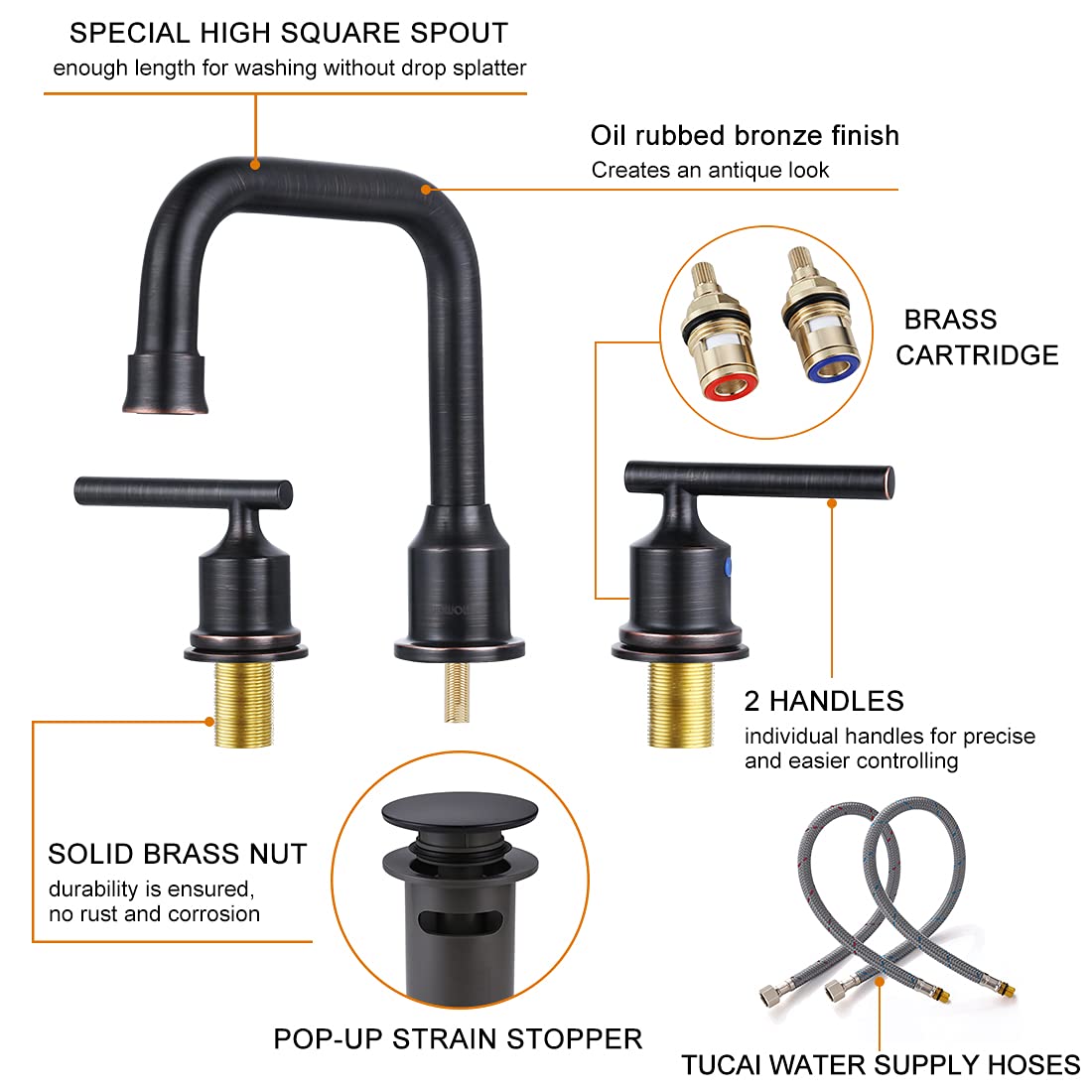 WOWOW Oil Rubbed Bronze Bathroom Faucet Widespread Bathroom Sink Faucet 3 Holes Vanity Faucet 2 Handle Basin Faucet with Drain and Suplly Lines Retro