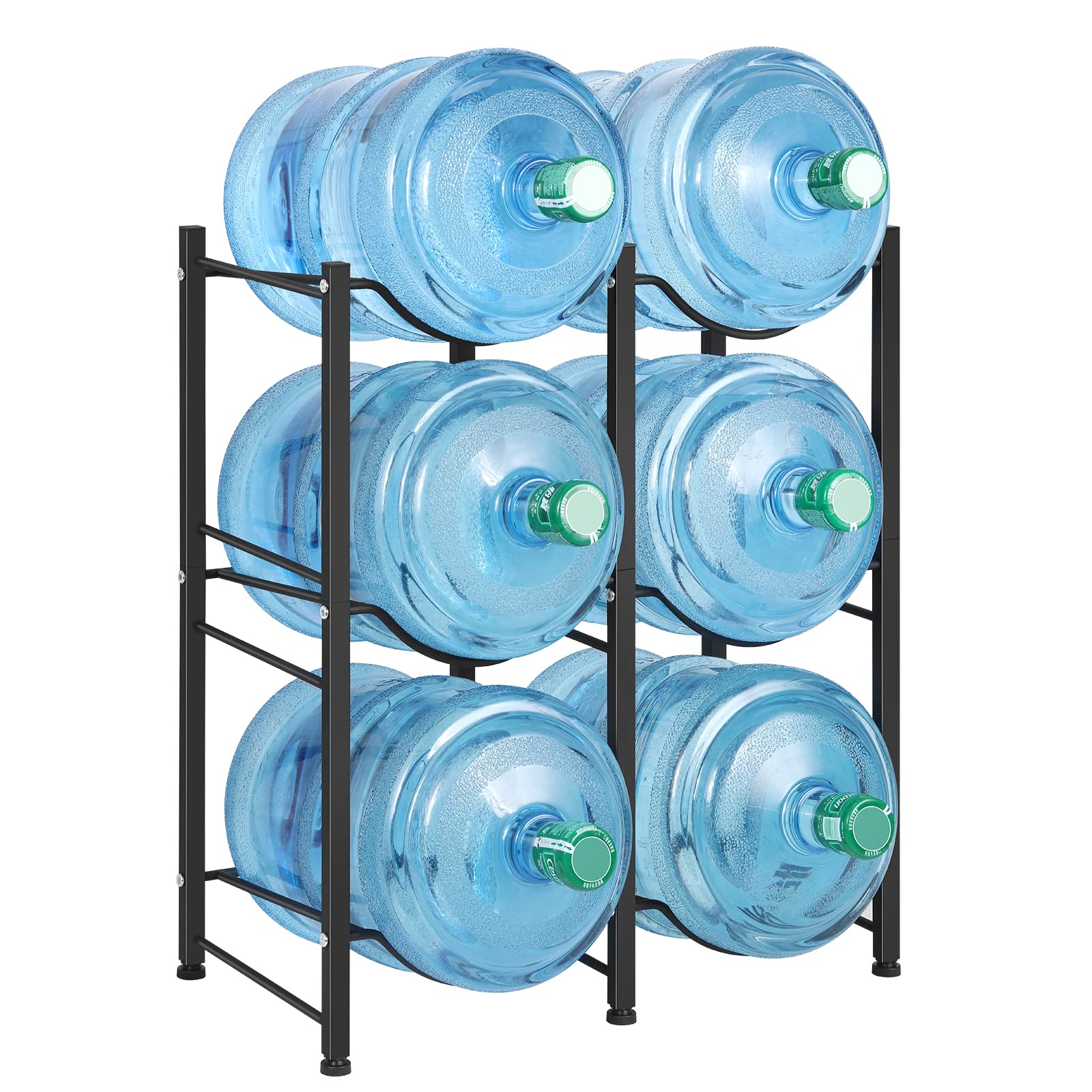 LIANTRAL 5 Gallon Water Bottle Holder, 3 Tiers Black Double Row Heavy Duty Water Cooler Jug Rack, Water Rack with 6 Slots for Home Kitchen