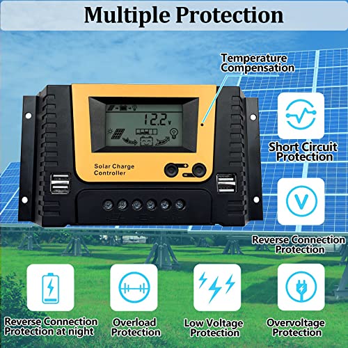 30amp Solar Charge Controller 12V 24V 36V 48V Auto,PWM Solar Controller 30A with Backlit Display, Temperature Sensor,4 USB Ports, Fit for MAX 1560W Solar Panels Gel Sealed Flooded and Lithium Battery