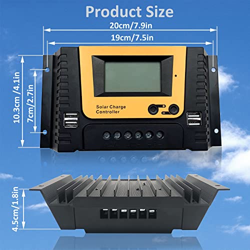 30amp Solar Charge Controller 12V 24V 36V 48V Auto,PWM Solar Controller 30A with Backlit Display, Temperature Sensor,4 USB Ports, Fit for MAX 1560W Solar Panels Gel Sealed Flooded and Lithium Battery