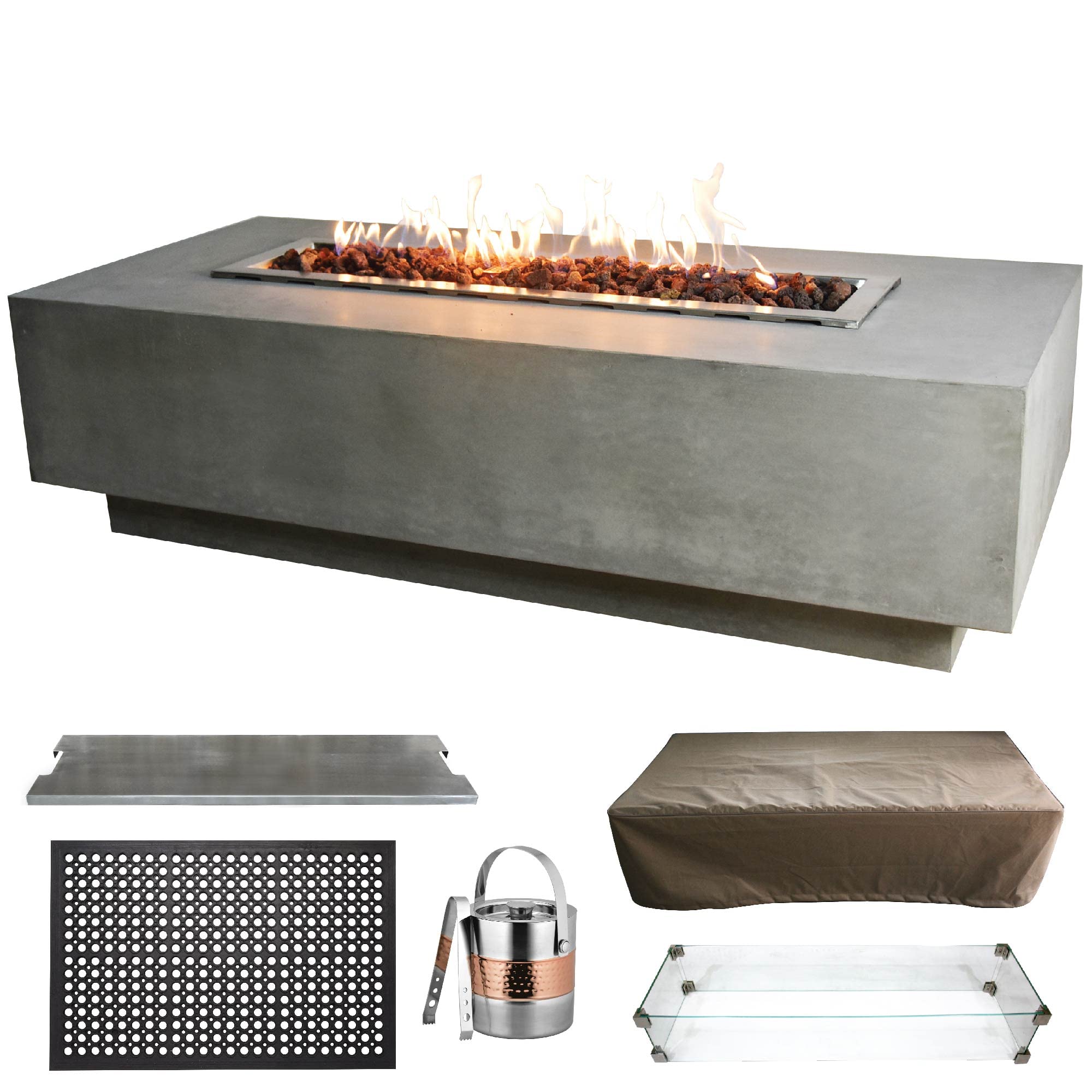 Elementi Granville Fire Pit Bundle Outdoor Firepit Set Includes 60” Natural Gas Concrete Firepit Table, Glass Windscreen, Stainless Steel Cover, Canvas Cover, Floor Mat, Ice Bucket